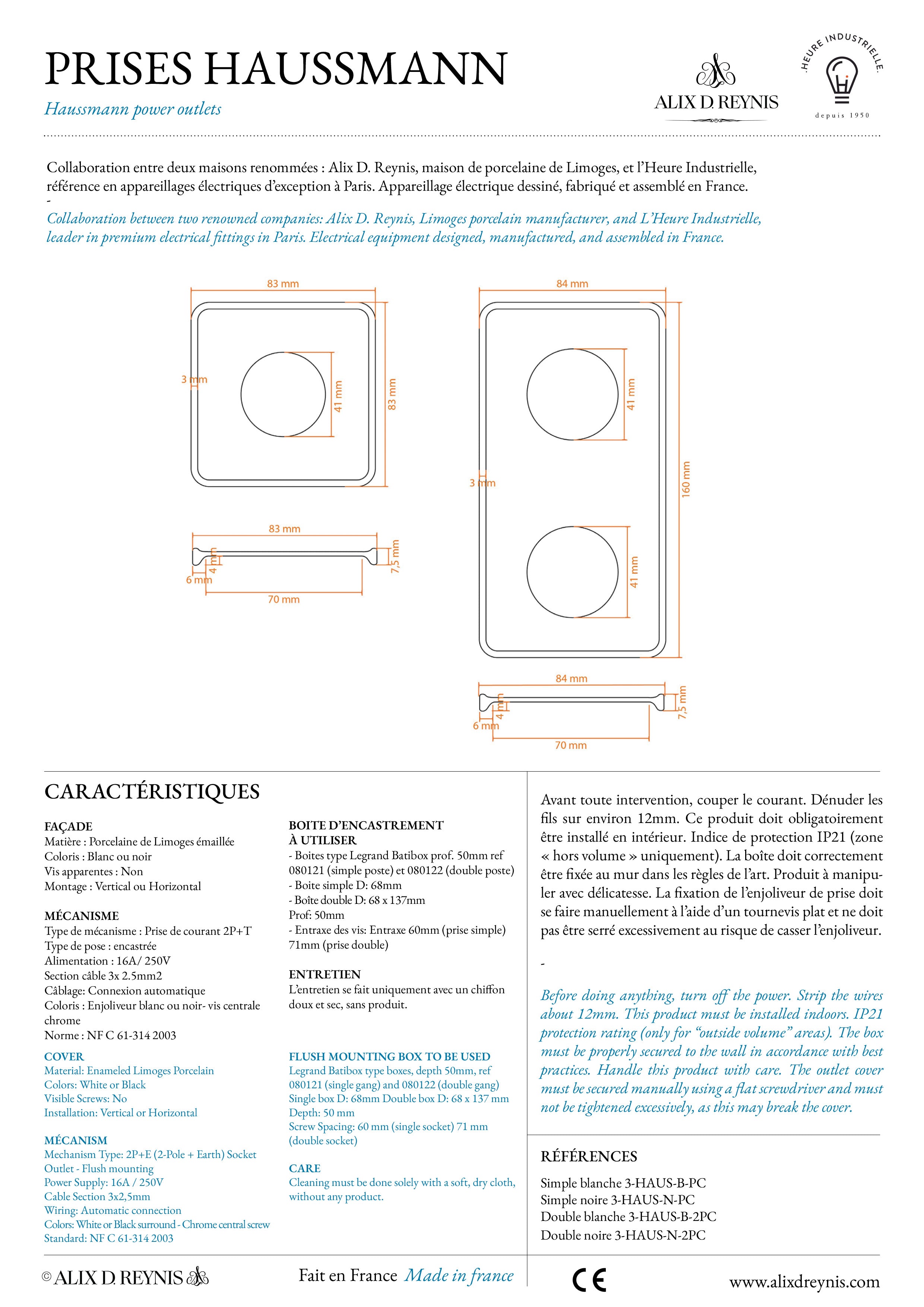 Prise Double ADR x HI en Porcelaine Noire